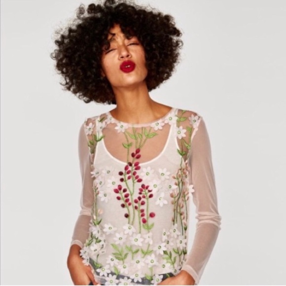 Zara | Tops | Zara Blush Sheer Tulle Mesh Floral Embroidered Top | Poshmark